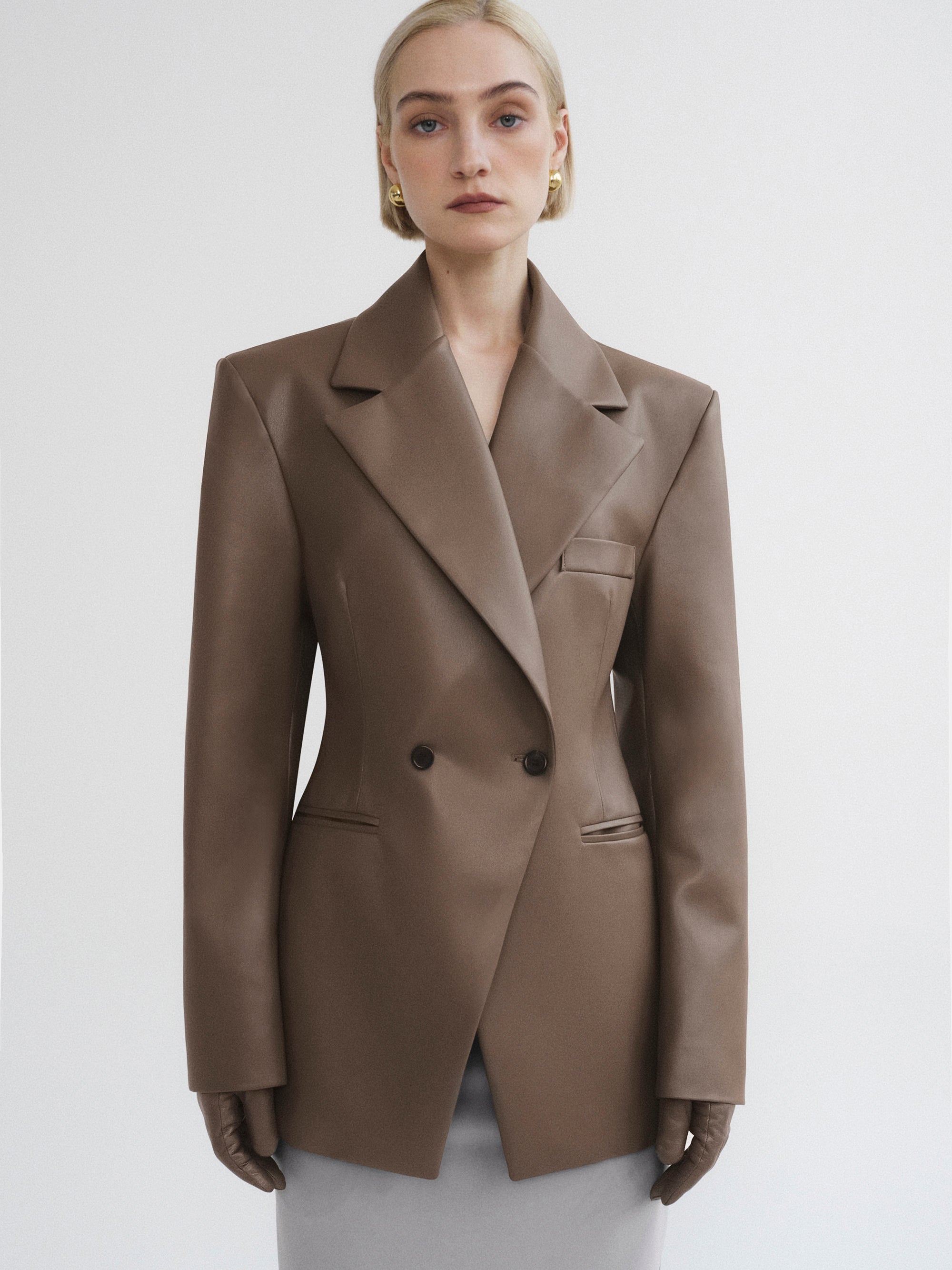 Nangy Faux-Leather Cinched Blazer, Mocha – SourceUnknown