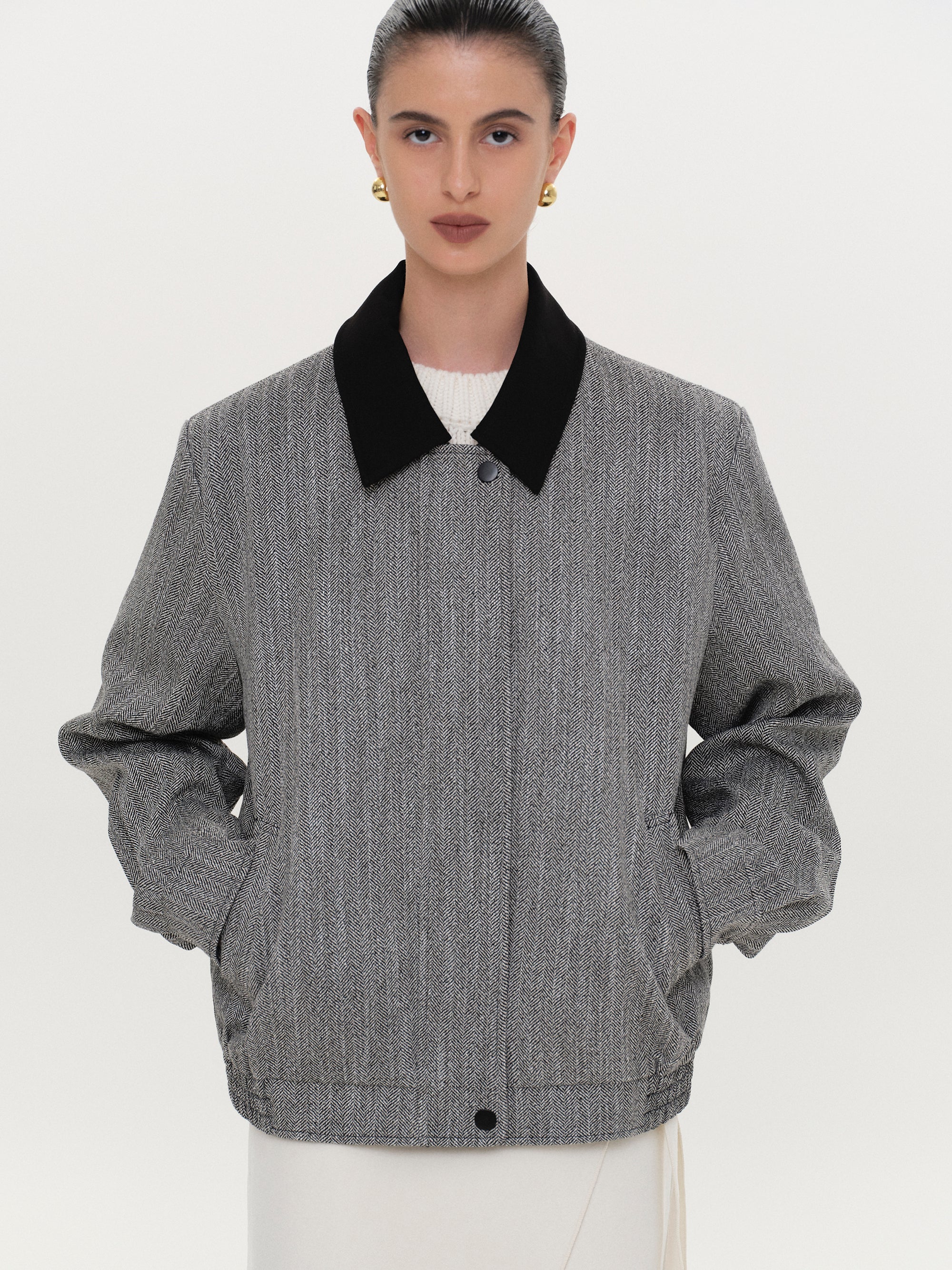 Suede-trim Herringbone Bomber, Grey – SourceUnknown