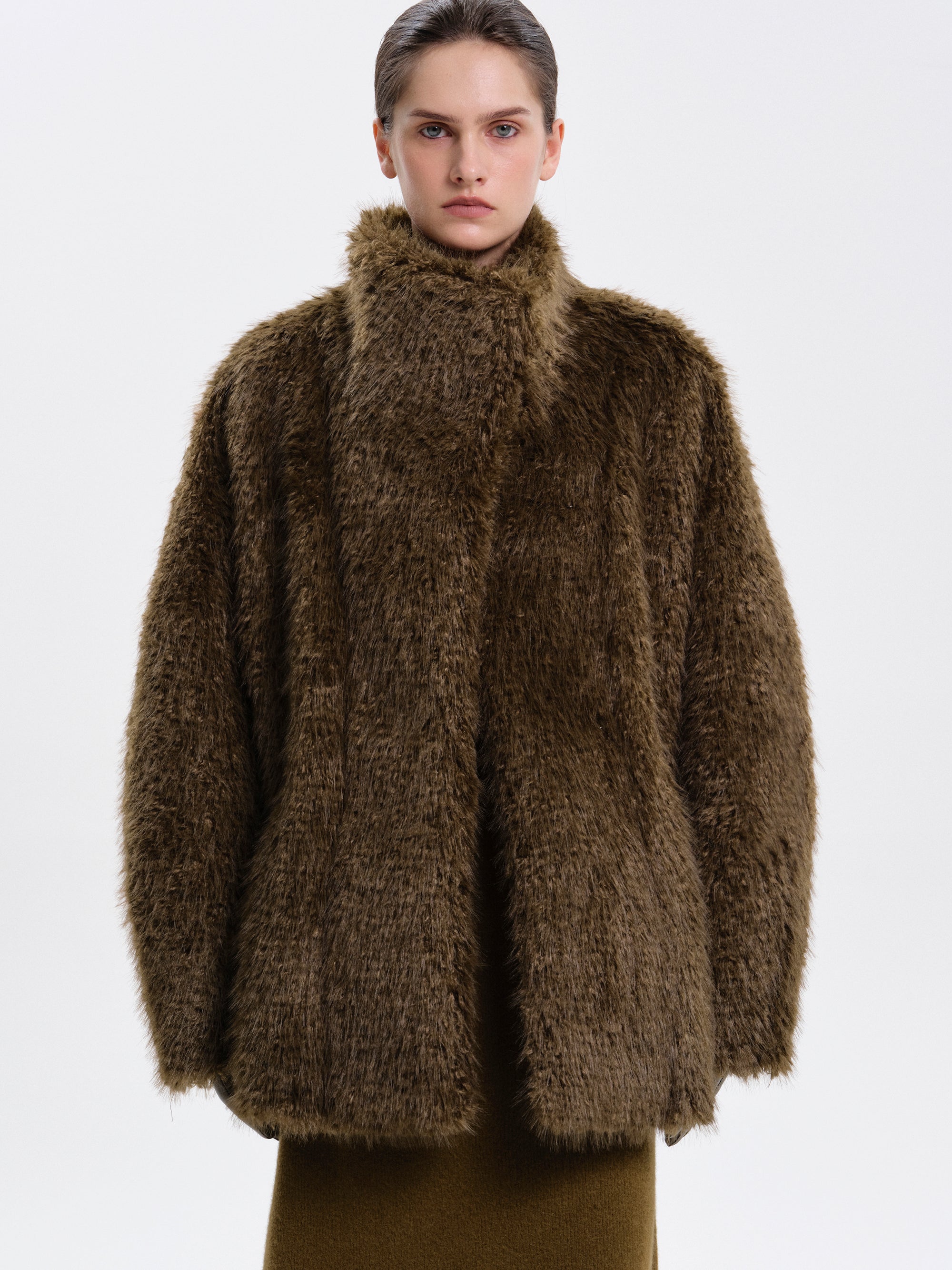 Funnel-Neck Faux Fur Coat, Brown – SourceUnknown