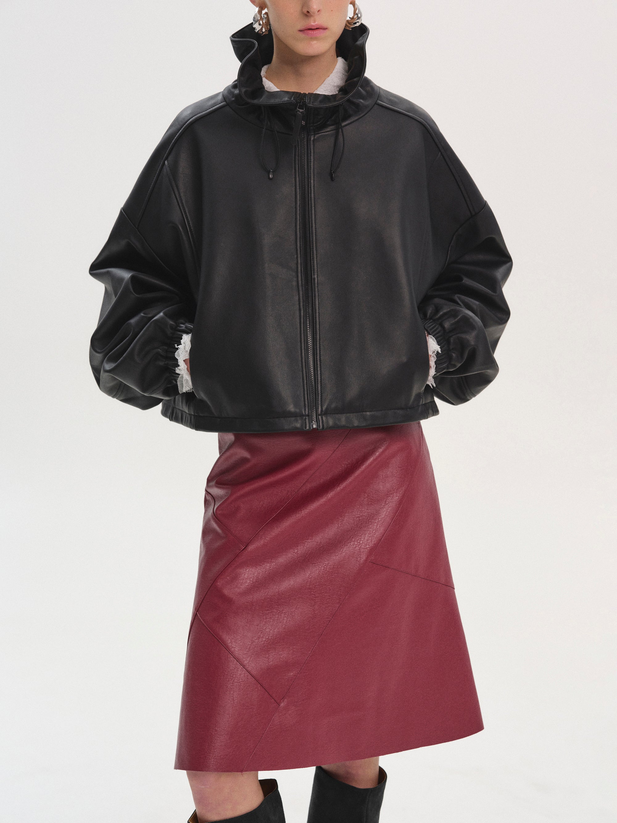 Drawstring Neck Leather Jacket, Black – SourceUnknown