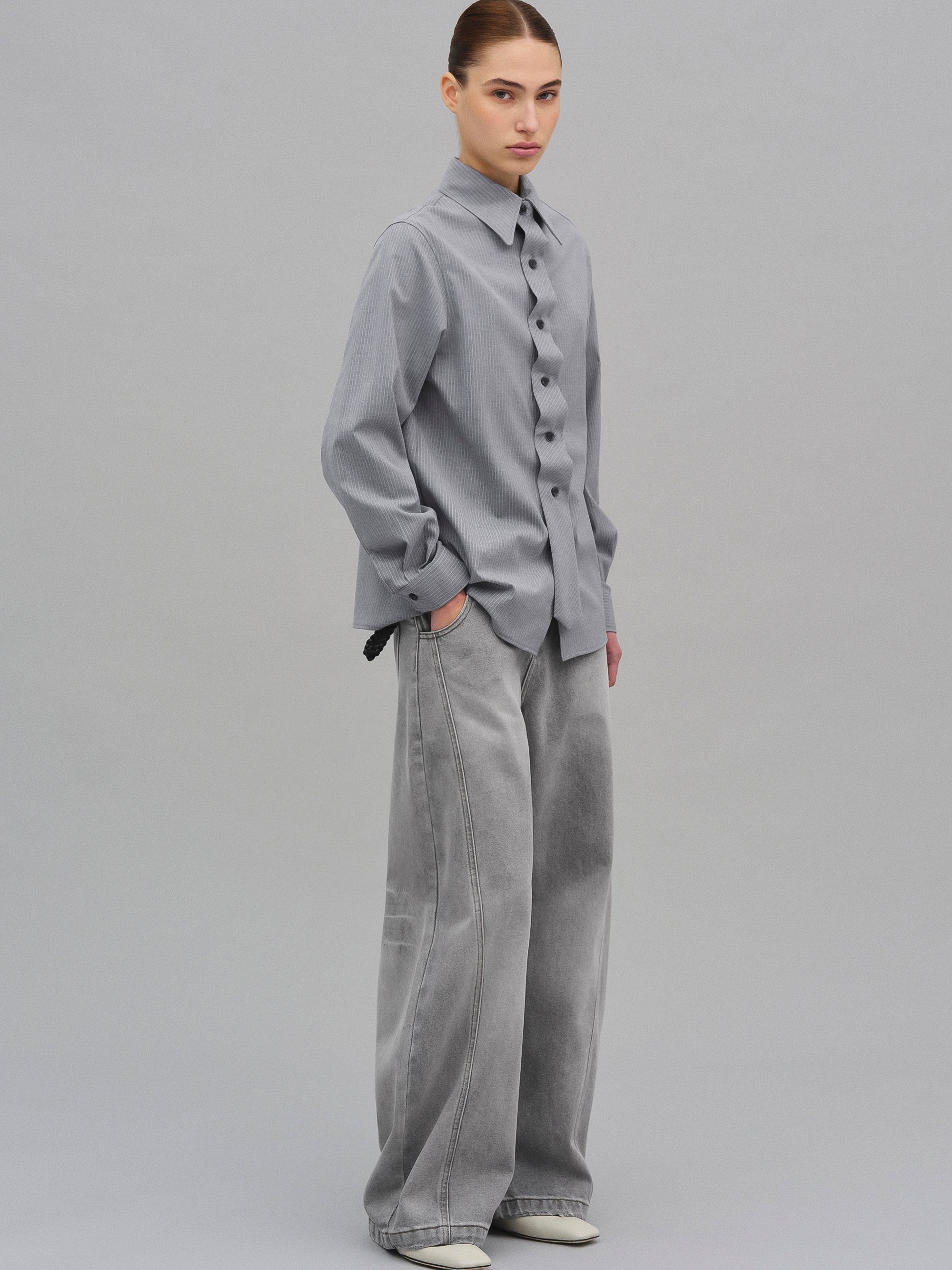 Tie Placket Stripe Shirt, Grey Striped – SourceUnknown
