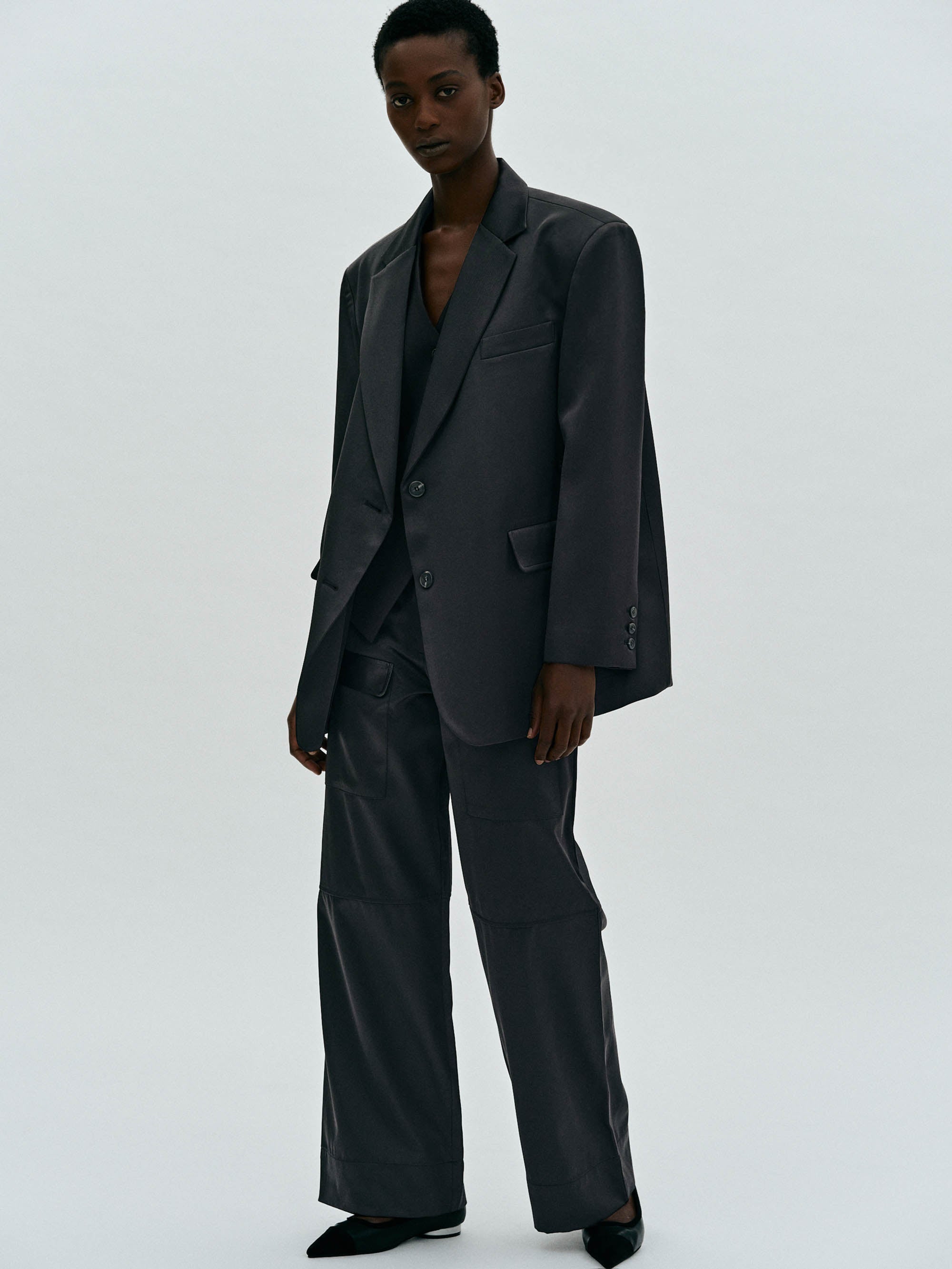 [Source Unknown] 소스언노운 Boxy Cross-Over Satin Blazer, Black - Source ...