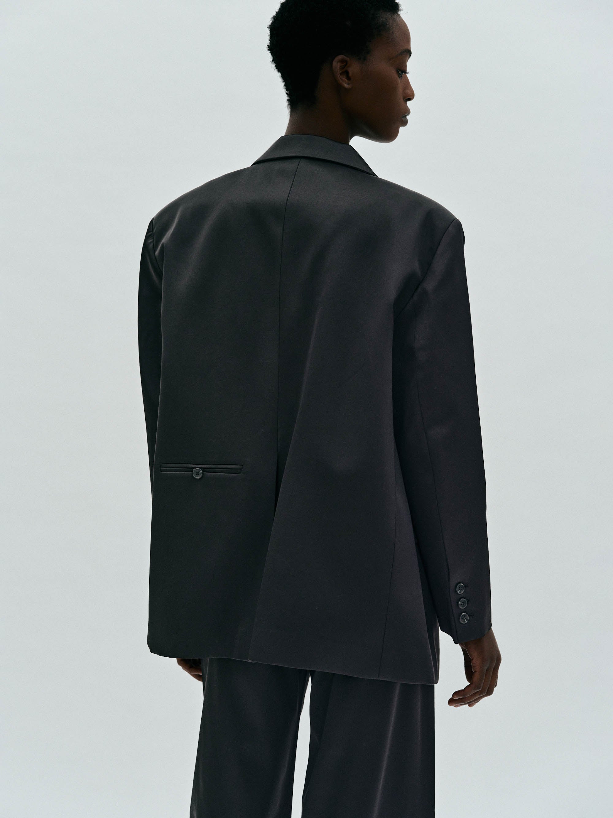 [Source Unknown] 소스언노운 Boxy Cross-Over Satin Blazer, Black - Source ...